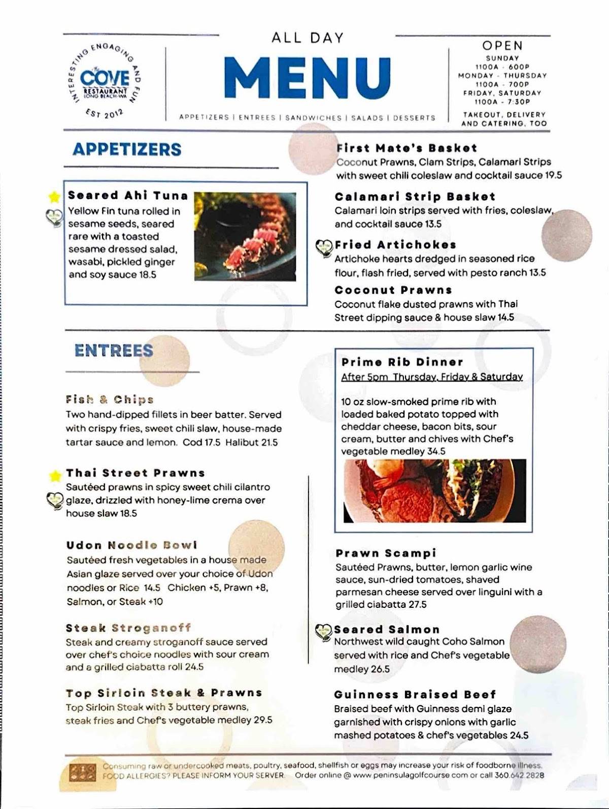 Menu at The Cove Restaurant, Long Beach