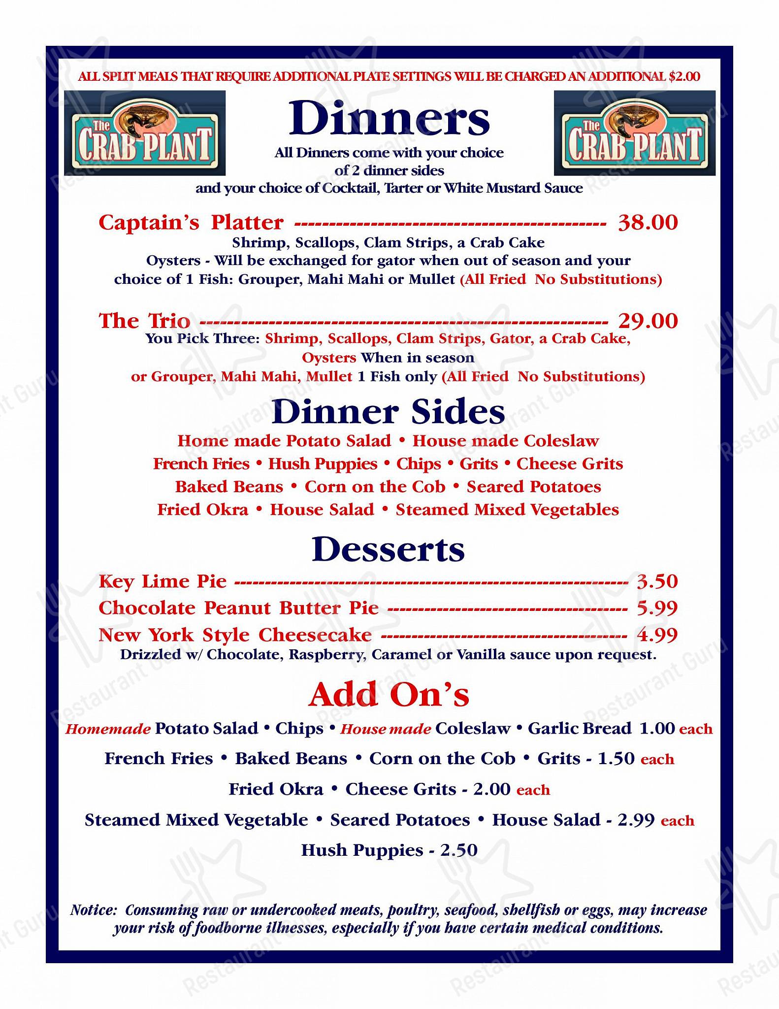 Menu at The Crab Plant restaurant, Crystal River