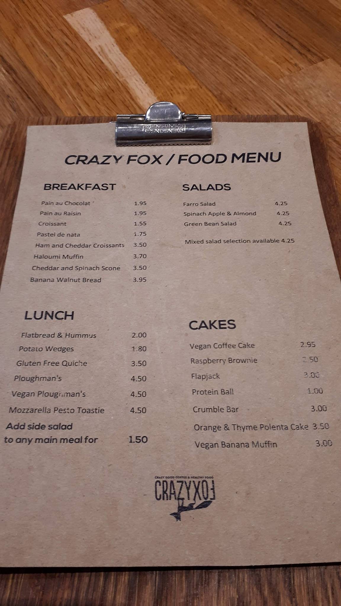 Menu at The Crazy Fox cafe, Bristol