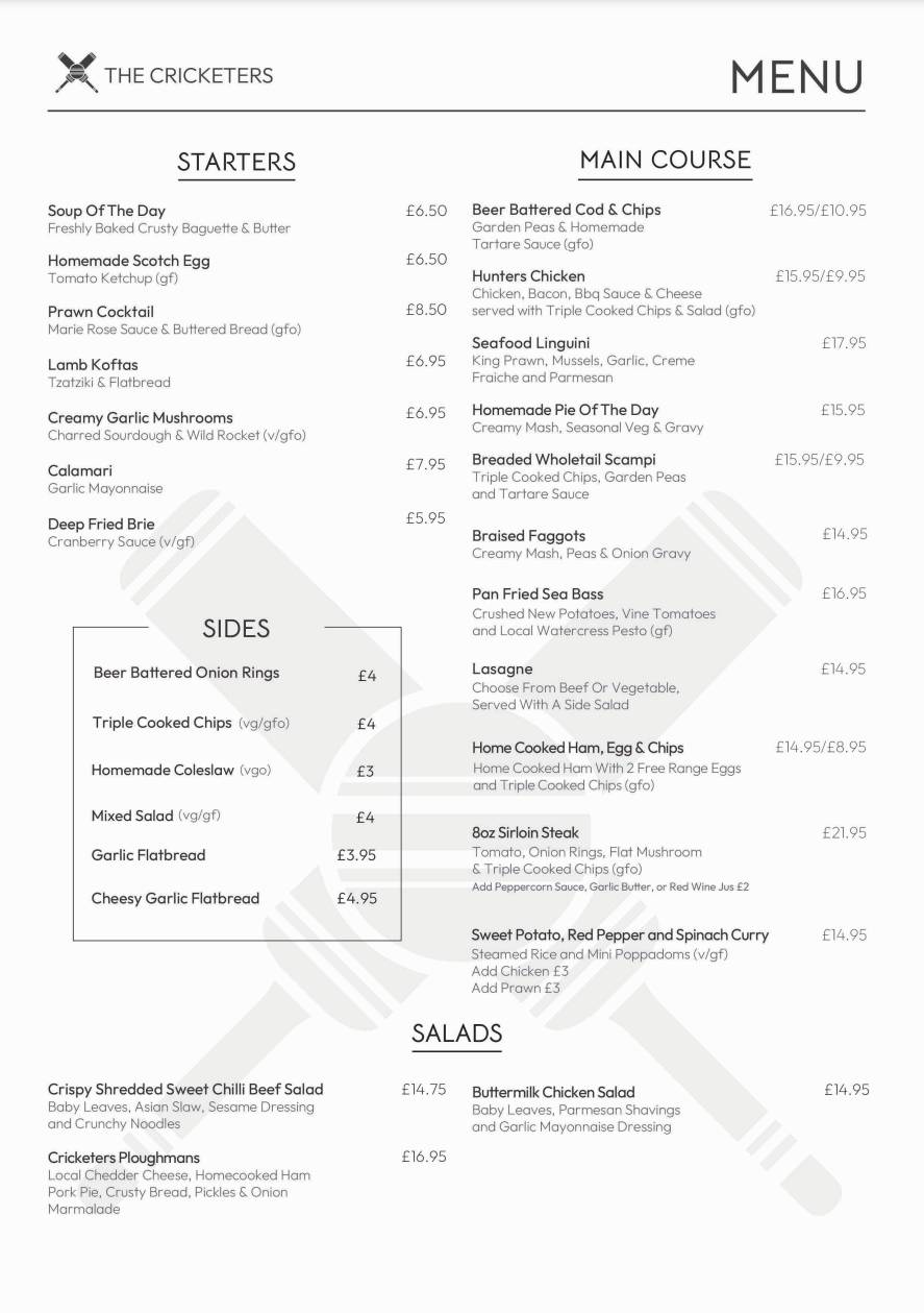 Menu at The Cricketers Inn pub & bar, New Alresford