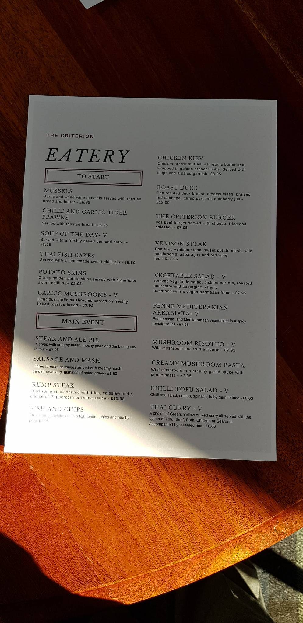 Menu at The Criterion pub & bar, South Shields