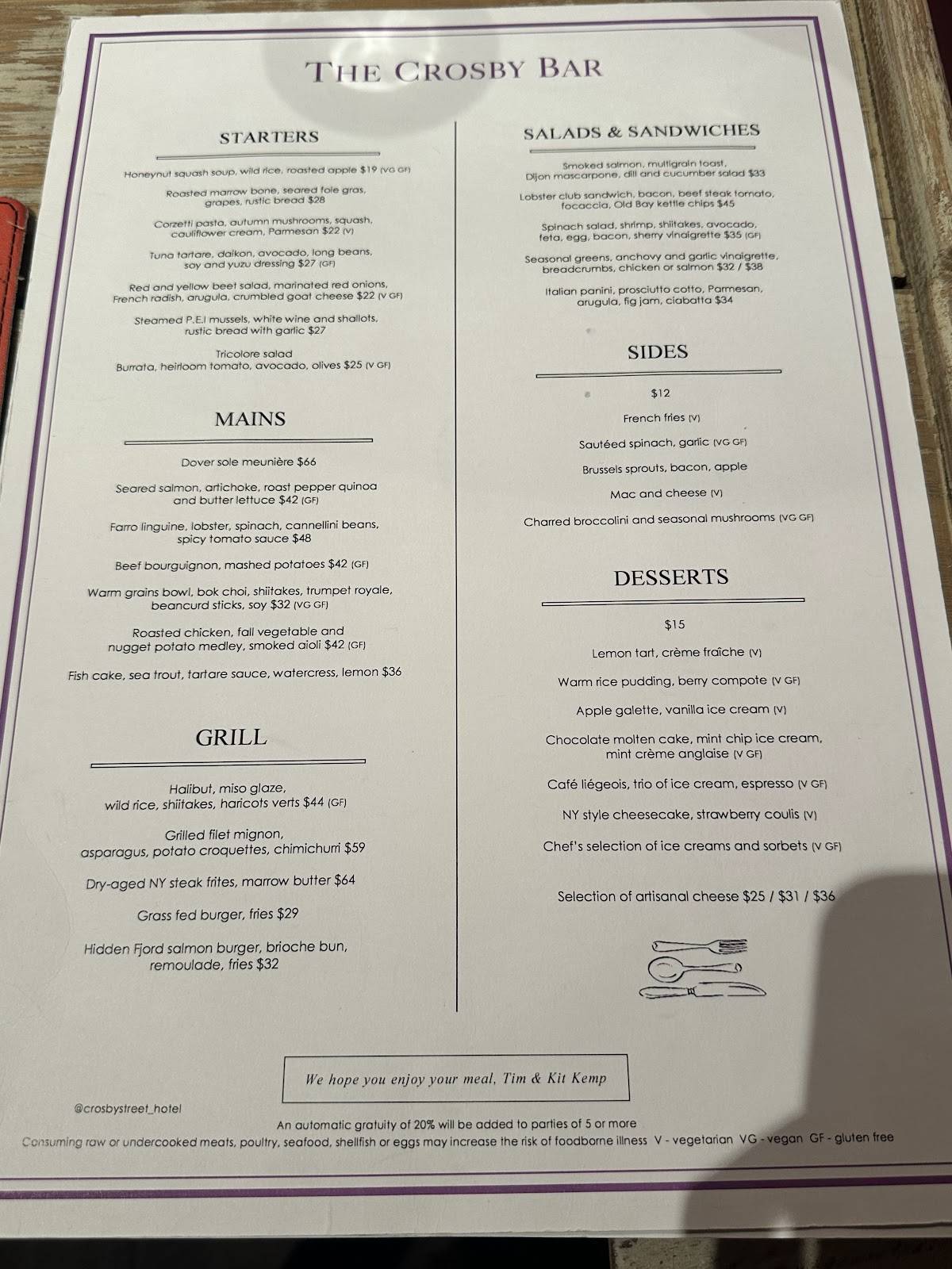 Menu at The Crosby Bar, New York City, 79 Crosby St