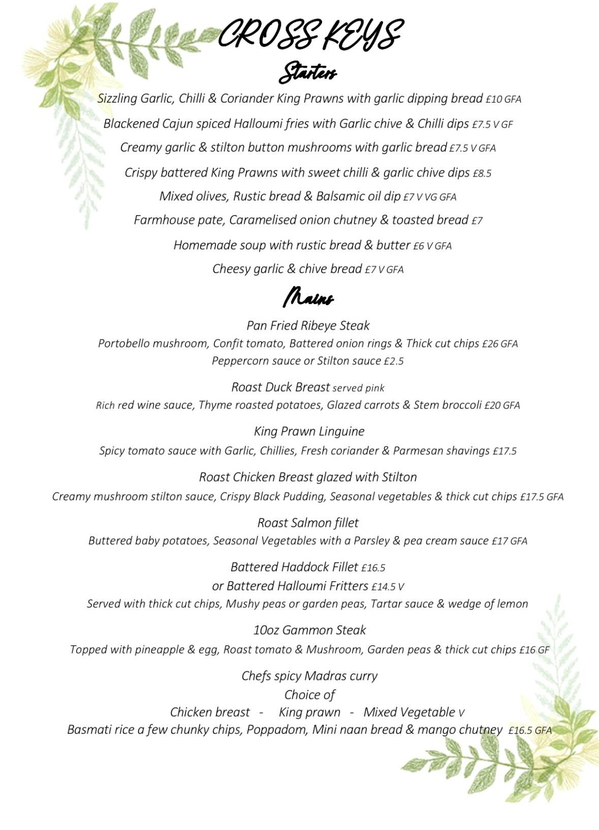 Menu at The Cross Keys pub & bar, Mold