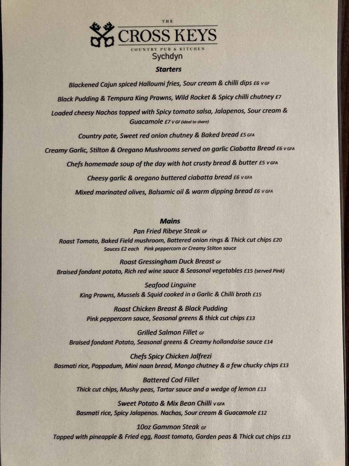 Menu at The Cross Keys pub & bar, Sychdyn