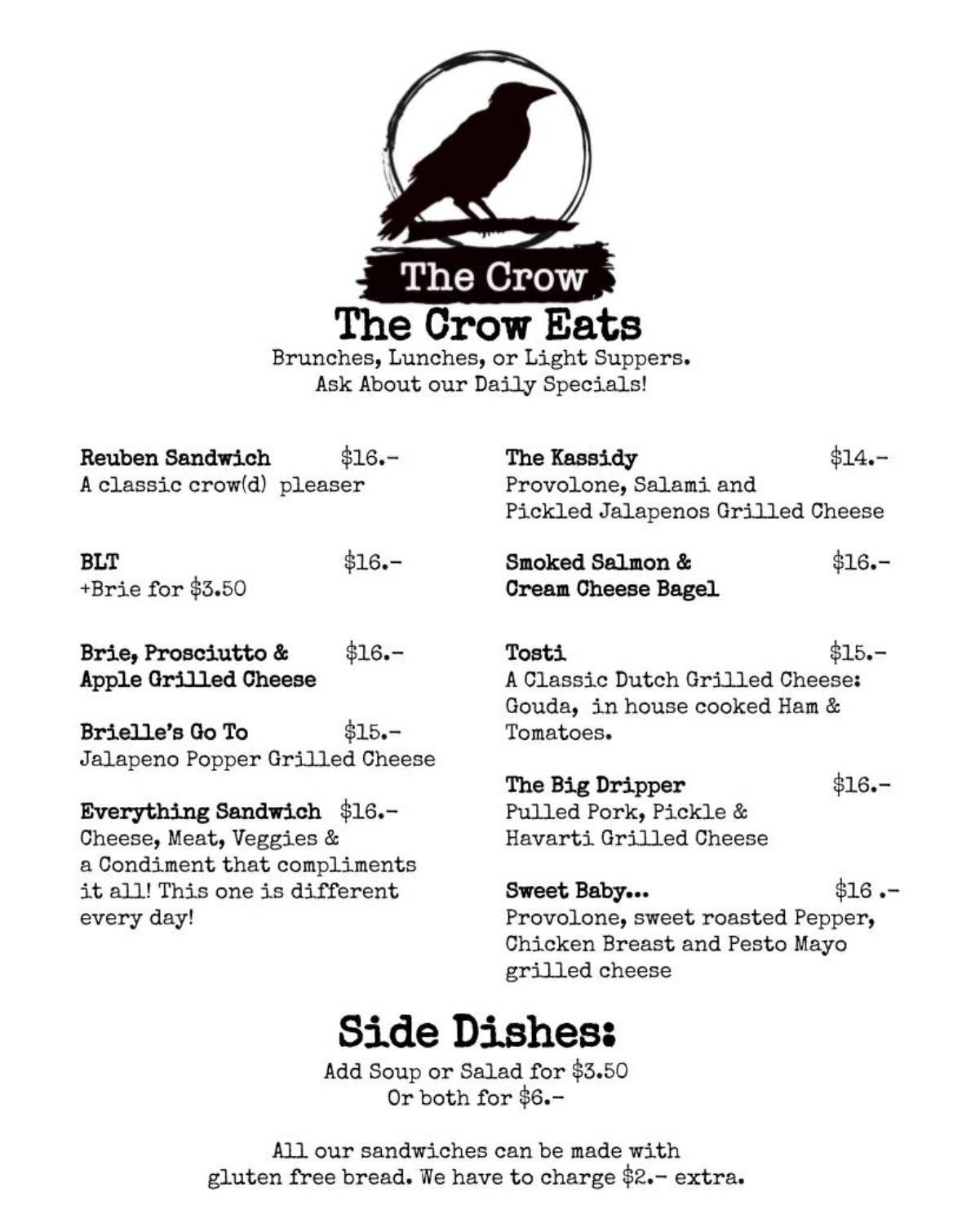 Menu at The Crow restaurant, Ponoka