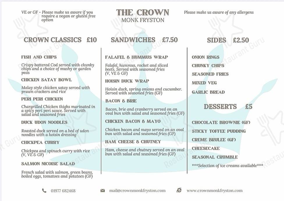 Menu at The Crown Inn, Monk Fryston pub & bar, Sherburn in Elmet