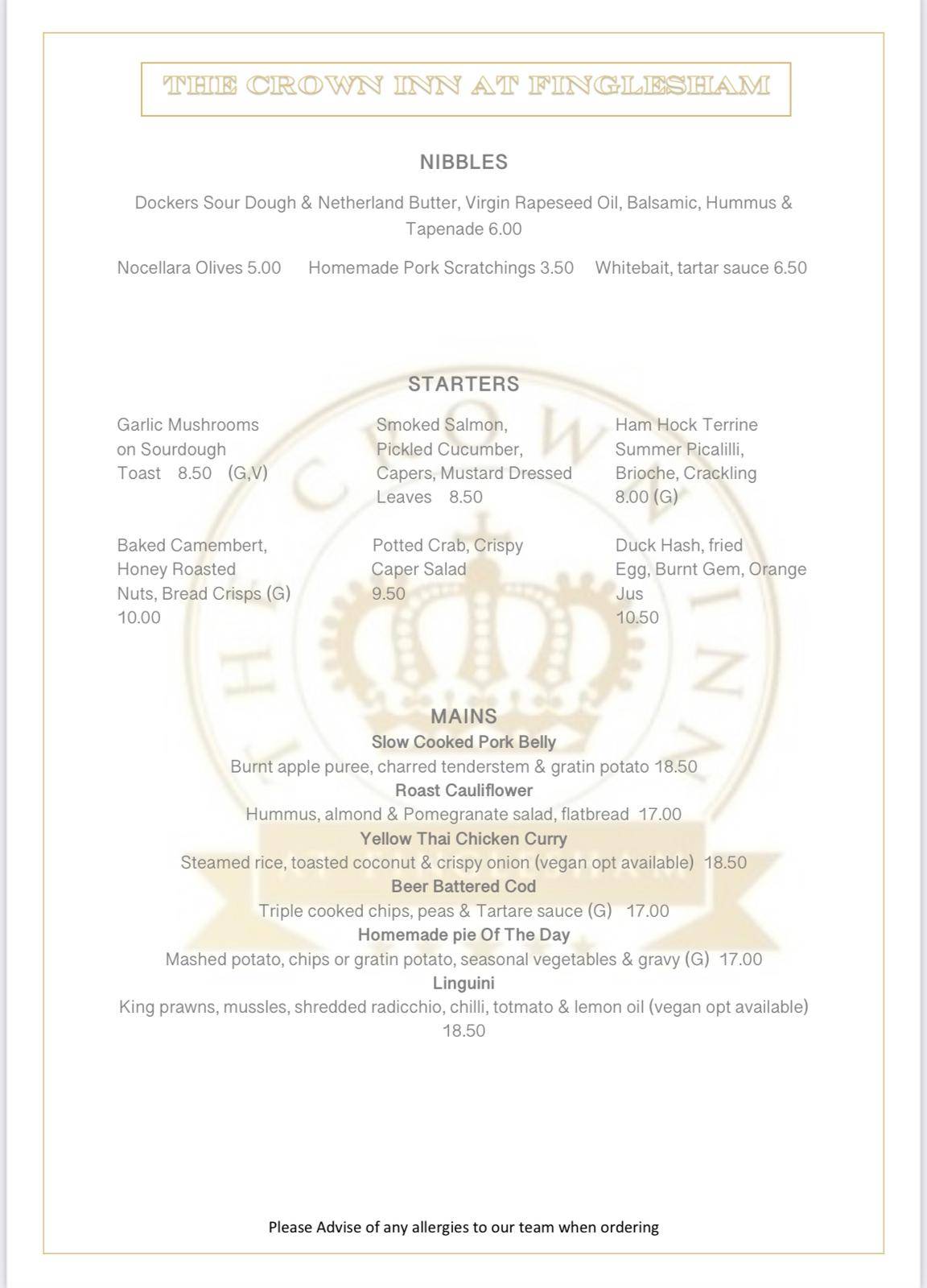 Menu at The Crown Inn at Finglesham pub & bar, Deal