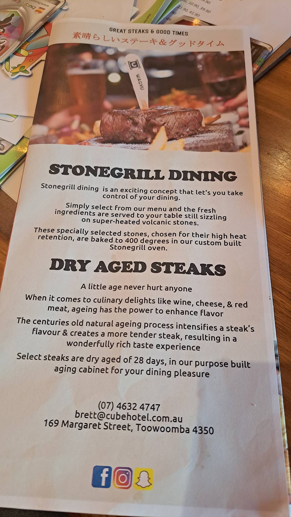 Menu at The Cube Hotel restaurant, Toowoomba City