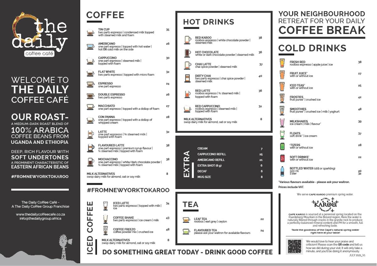 Menu au The Daily Coffee Café - Zambezi Junction, Pretoria