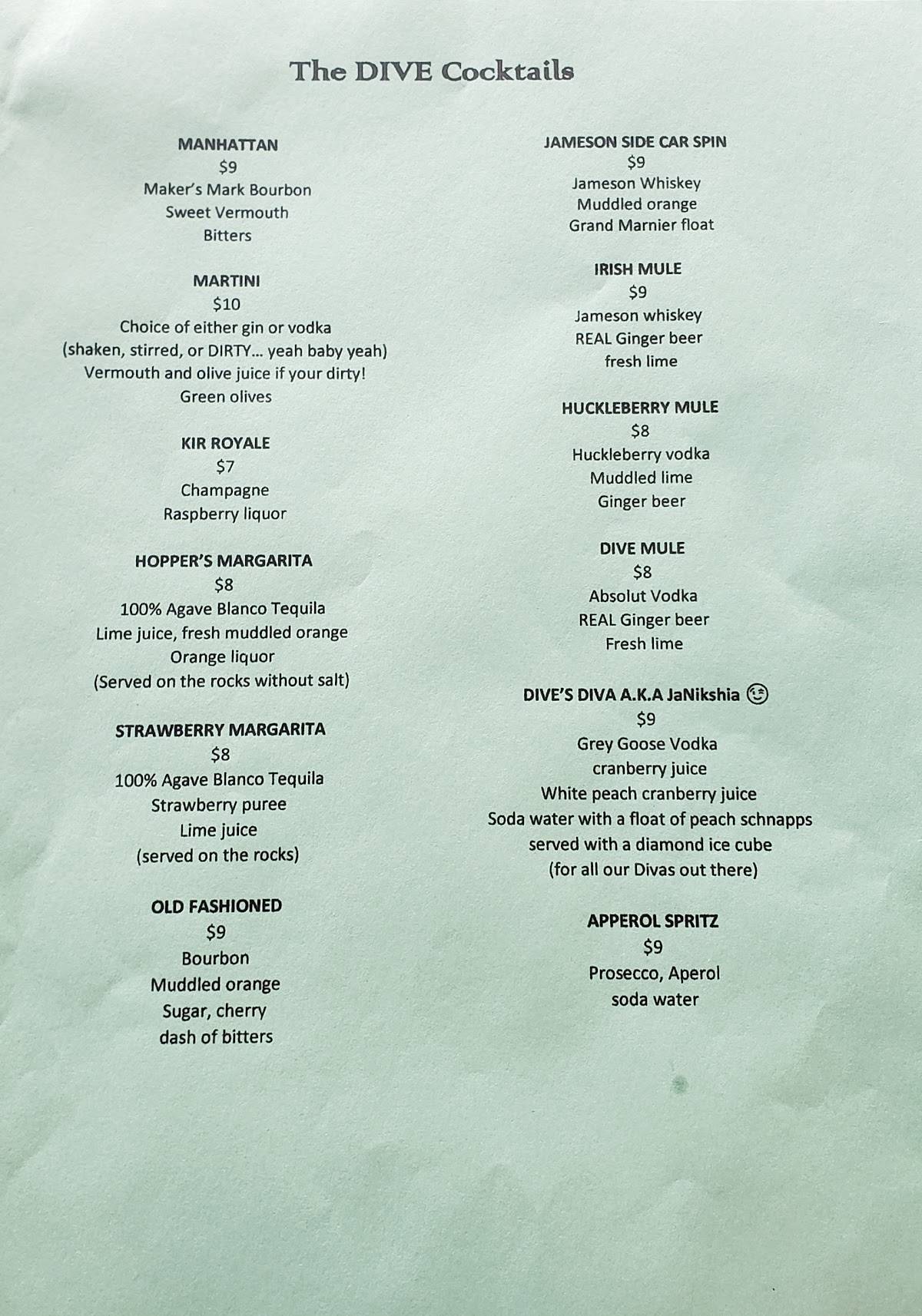 Menu at The Dive pub & bar, Richland