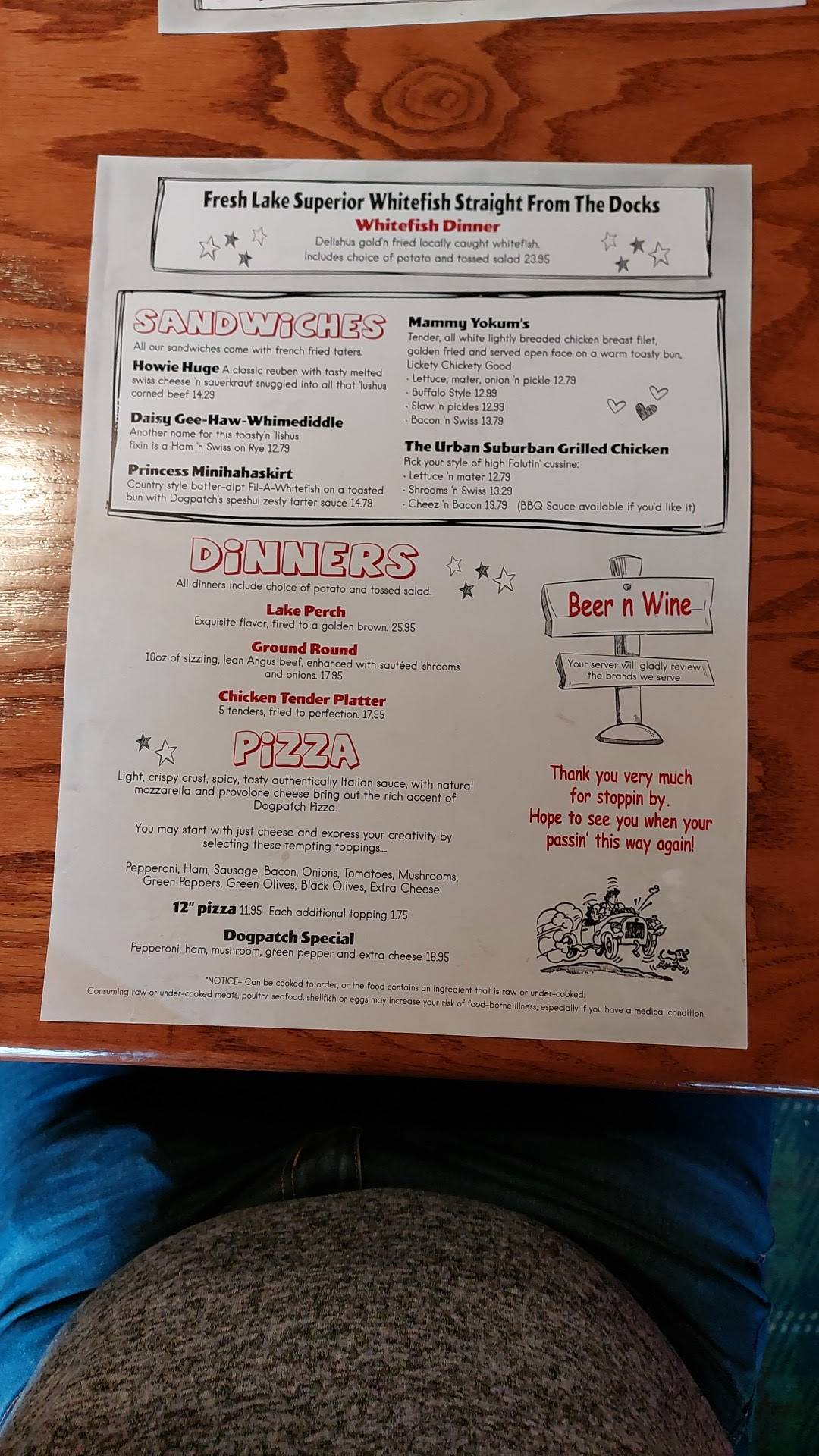Menu at The Dogpatch Restaurant, Munising