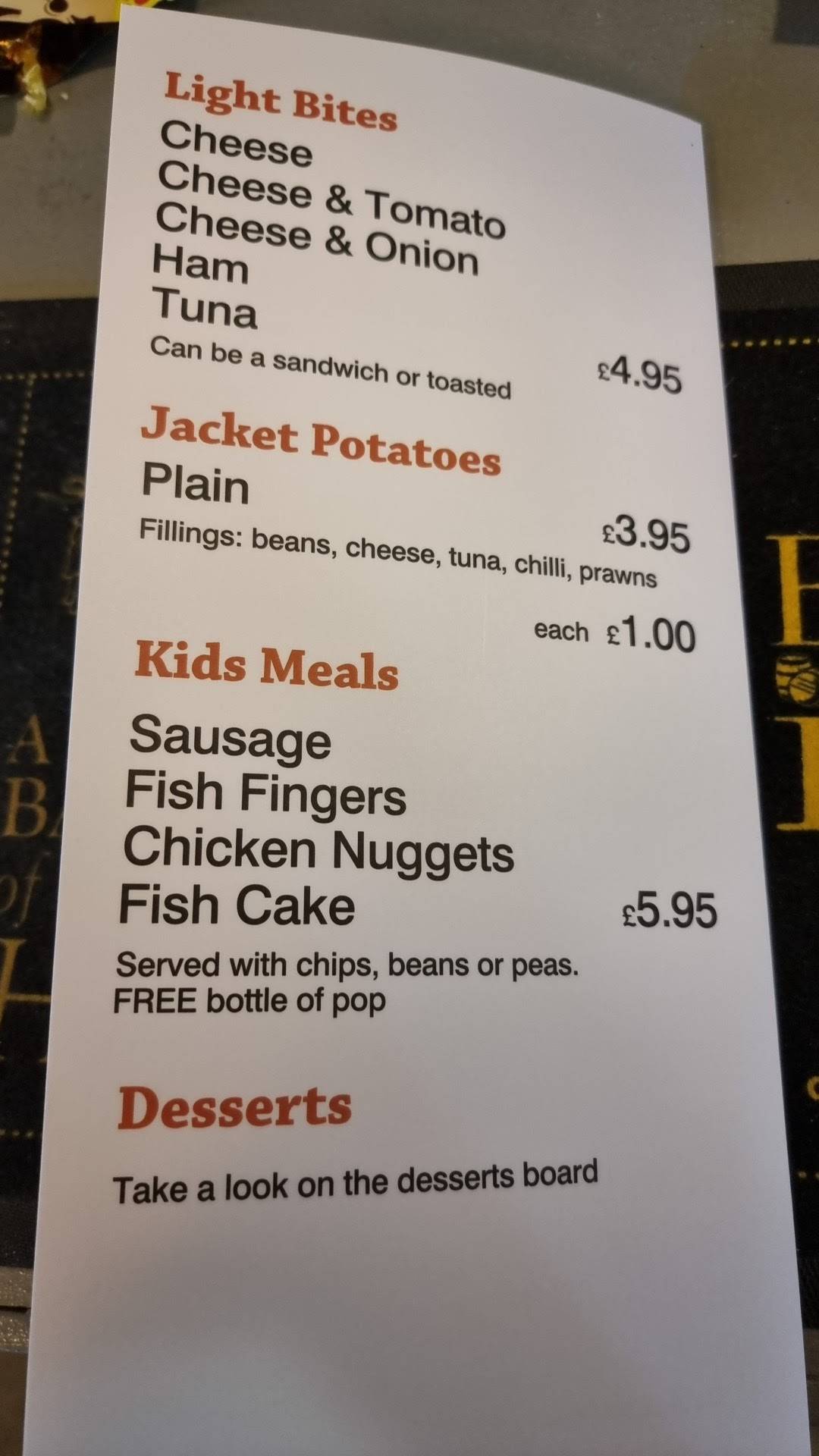 Menu at The Dotterel Inn pub & bar, Hunmanby