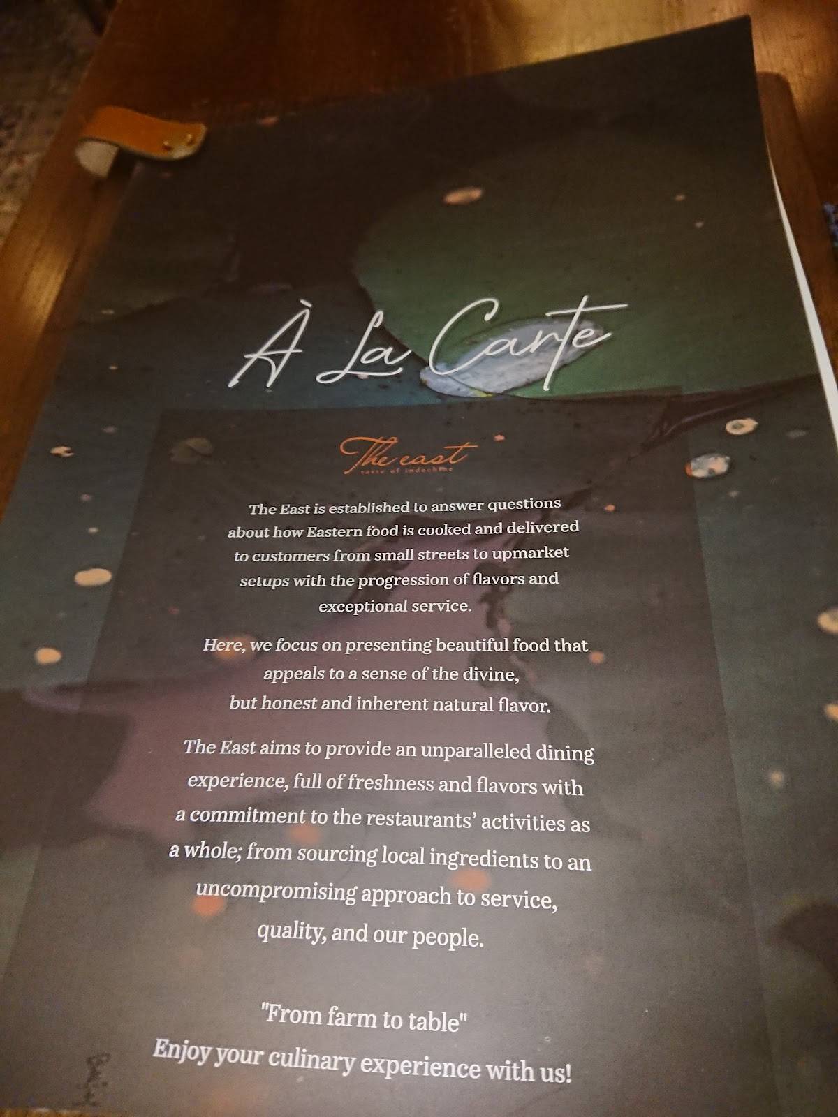 Menu at The East restaurant, Hanoi