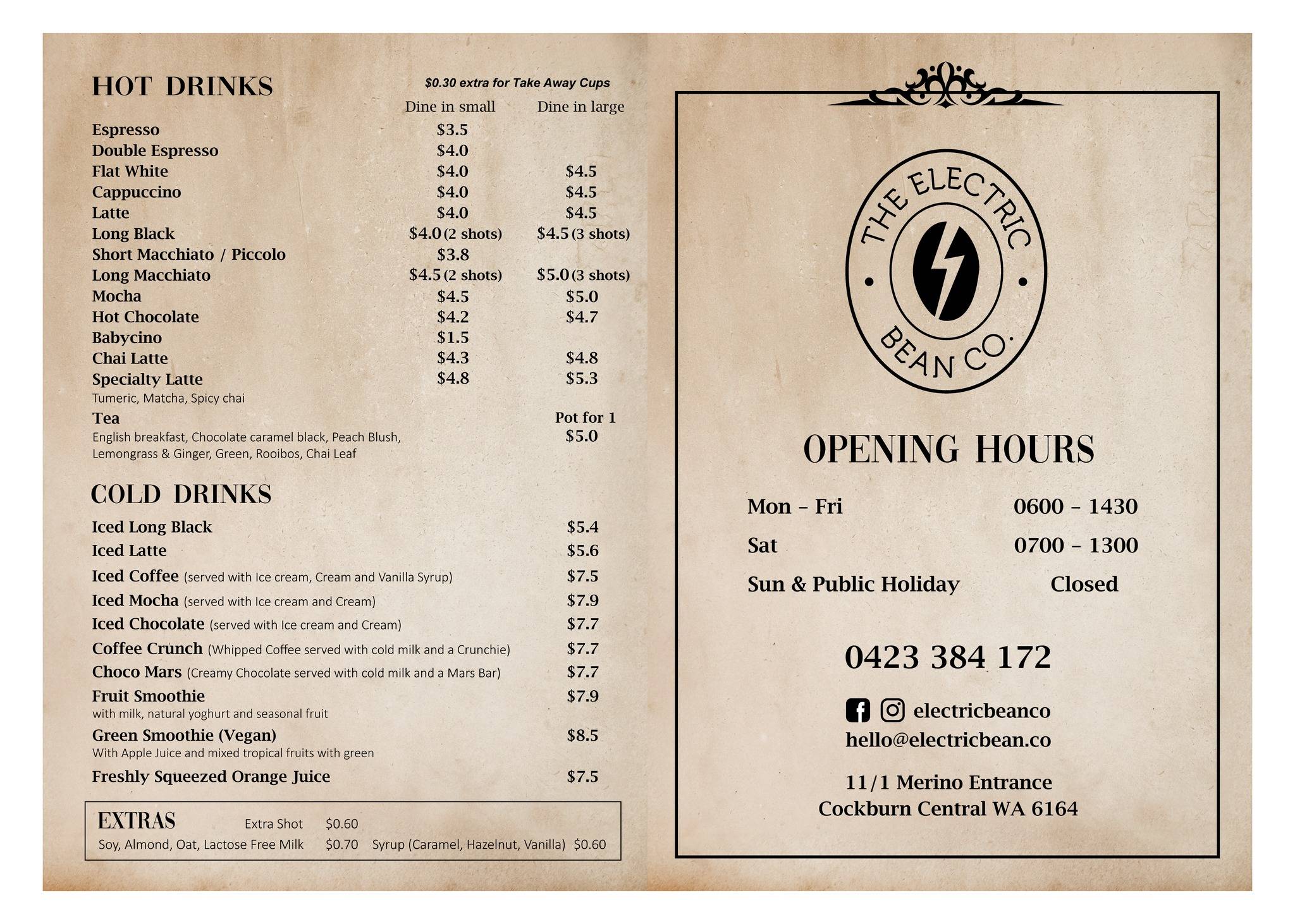 Menu at The Electric Bean Co cafe, Cockburn Central