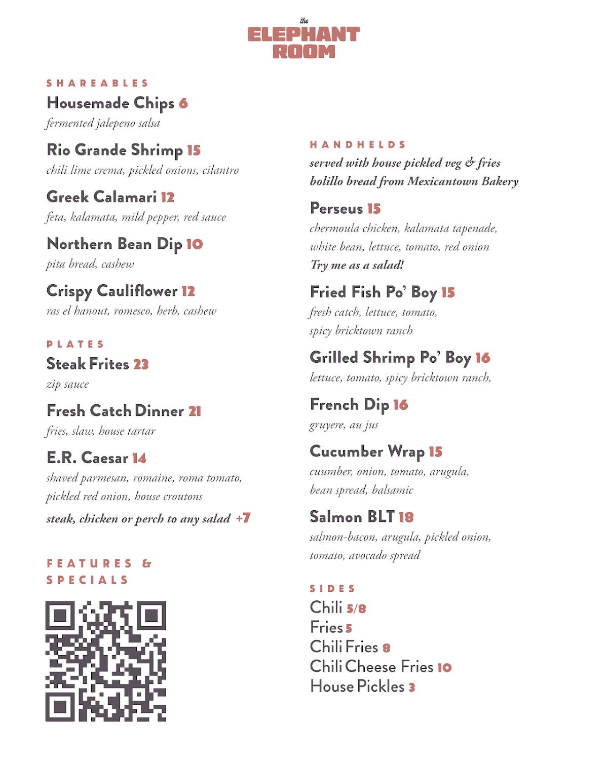 Menu at The Elephant Room restaurant, Detroit