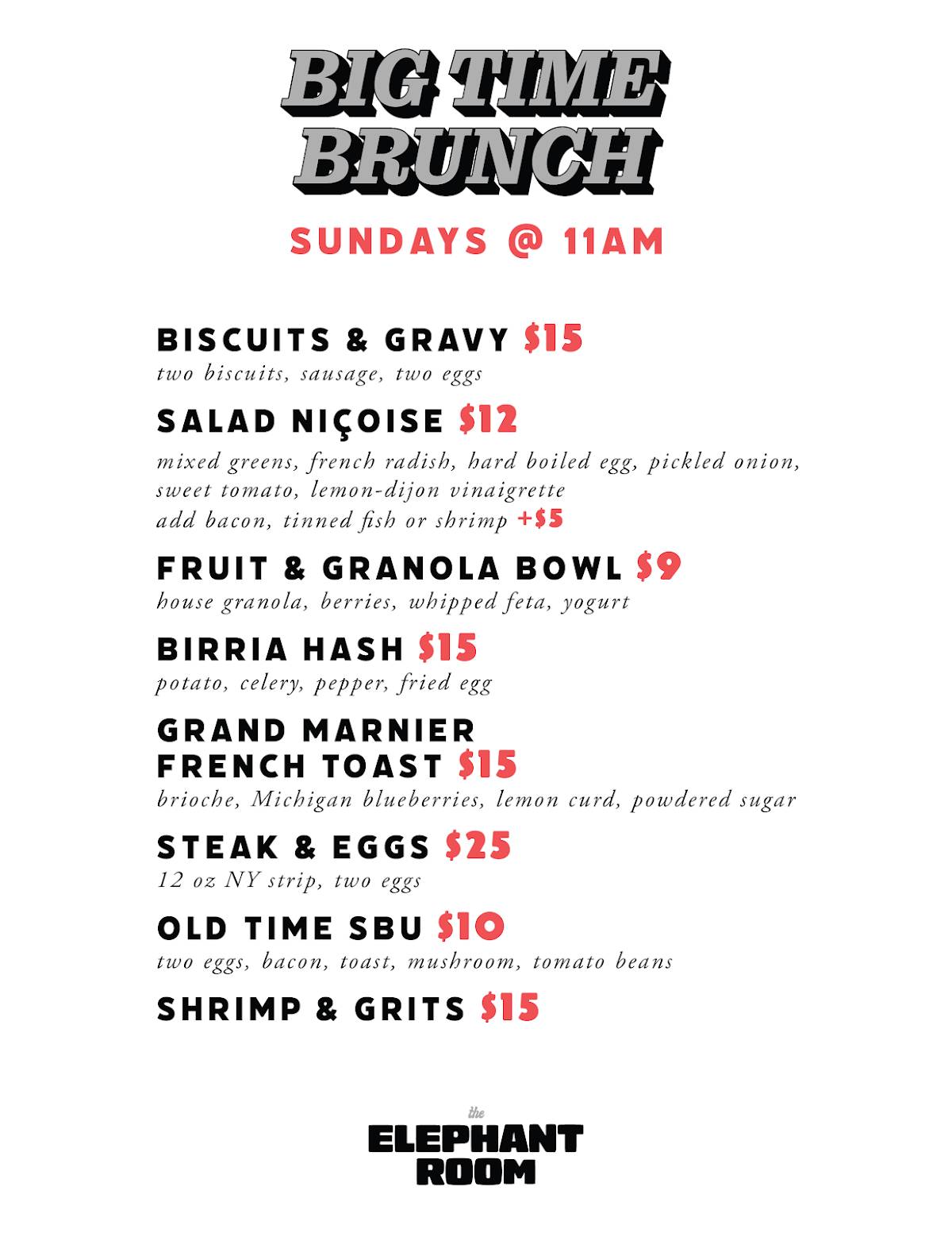 Menu at The Elephant Room restaurant, Detroit