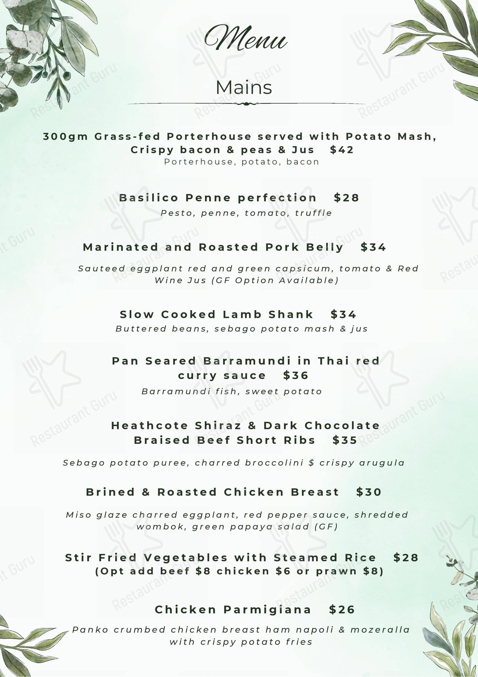 Menu at The Eminence Restaurant& Bar, Williamstown