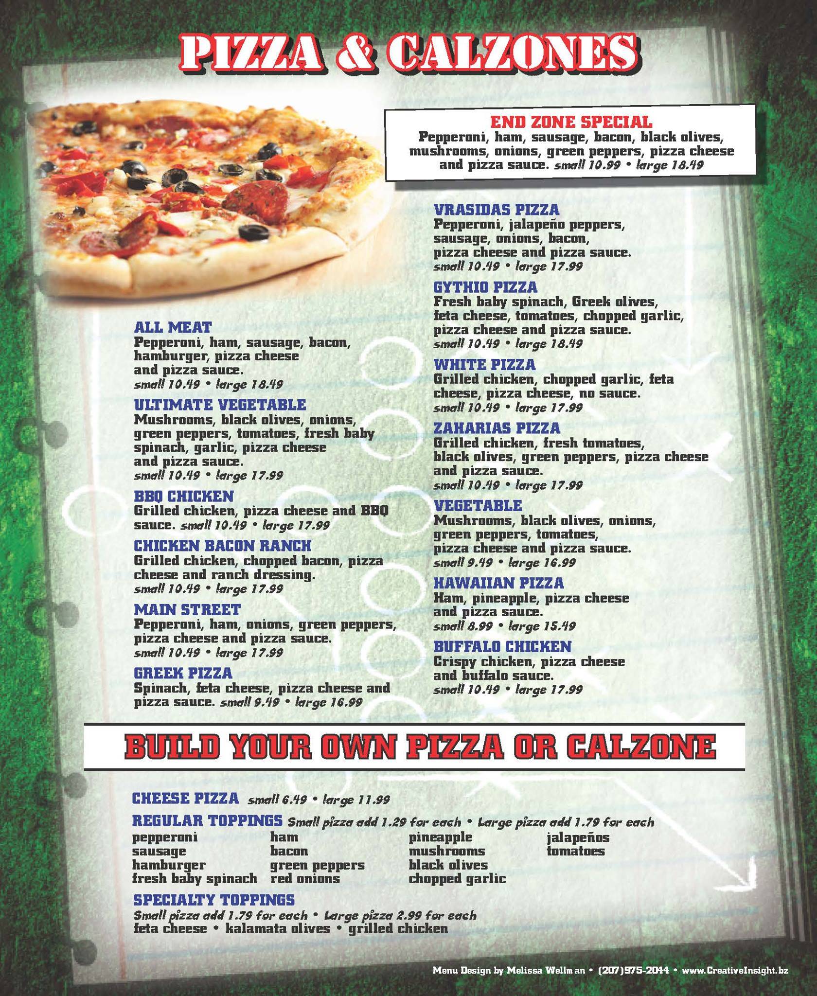 Menu at The End Zone pub & bar, Waterville, 32 College Ave