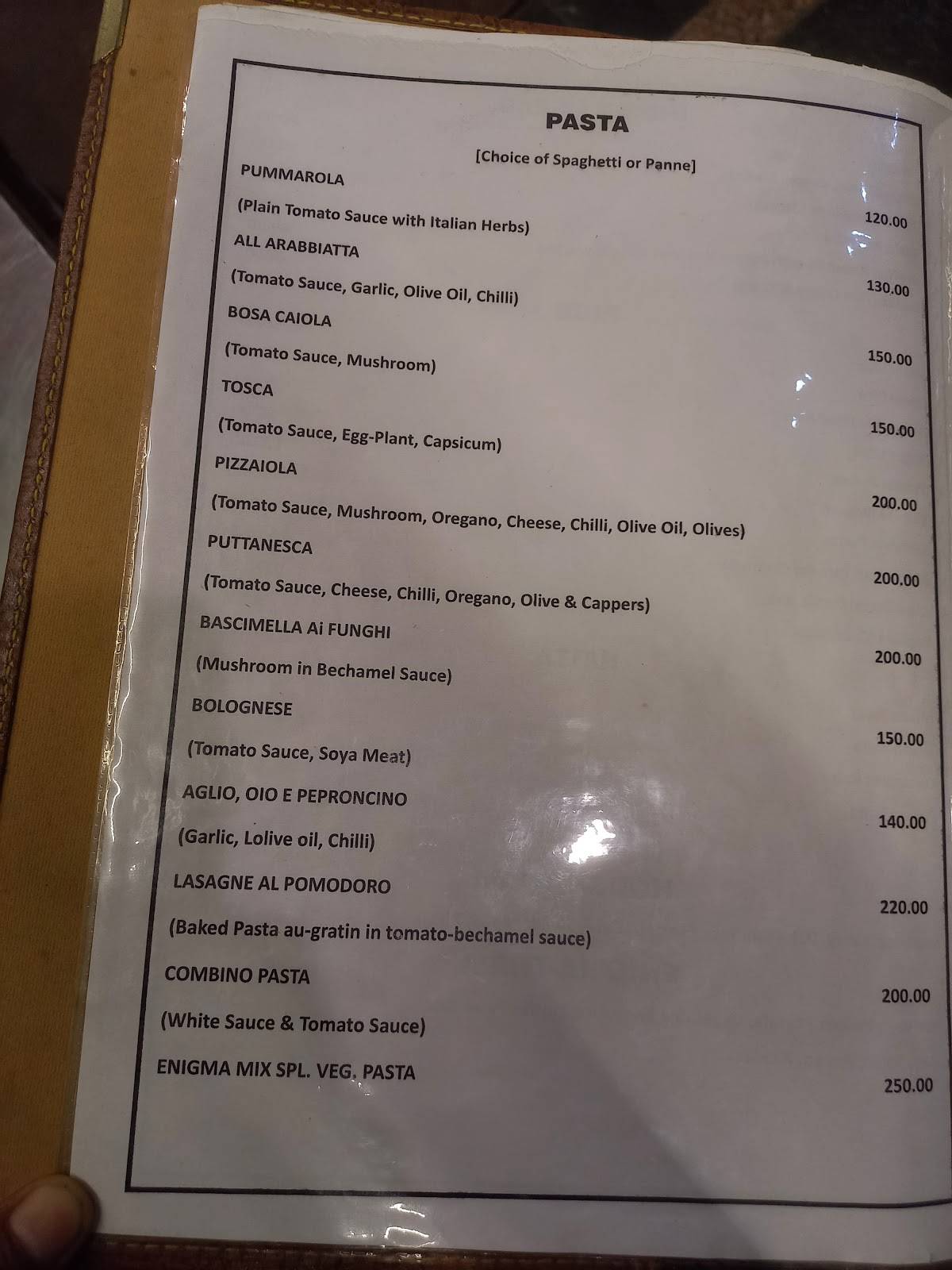 Menu at The Enigma Cafe, Pushkar