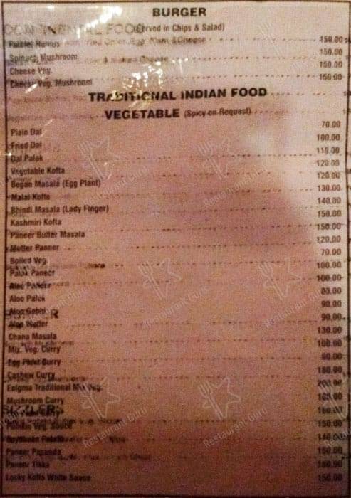 Menu at The Enigma Cafe, Pushkar