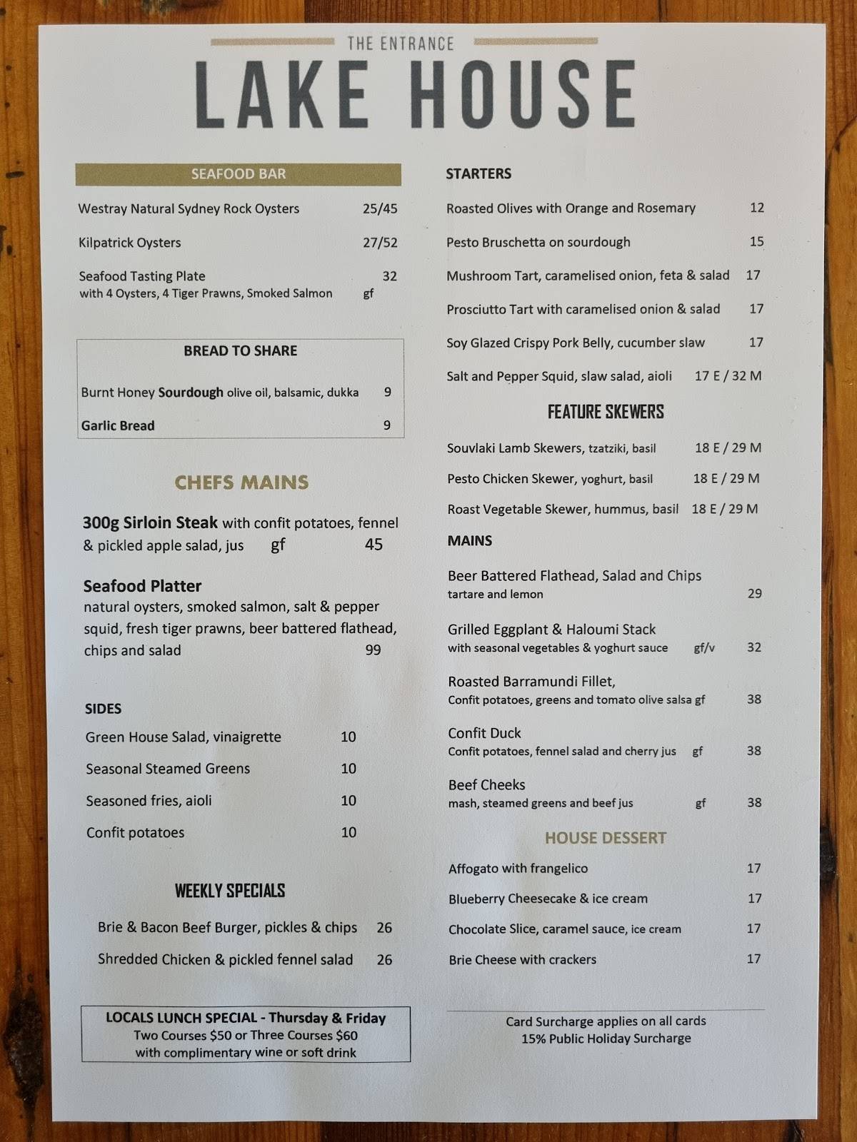 Menu at The Entrance Lake House cafe, The Entrance