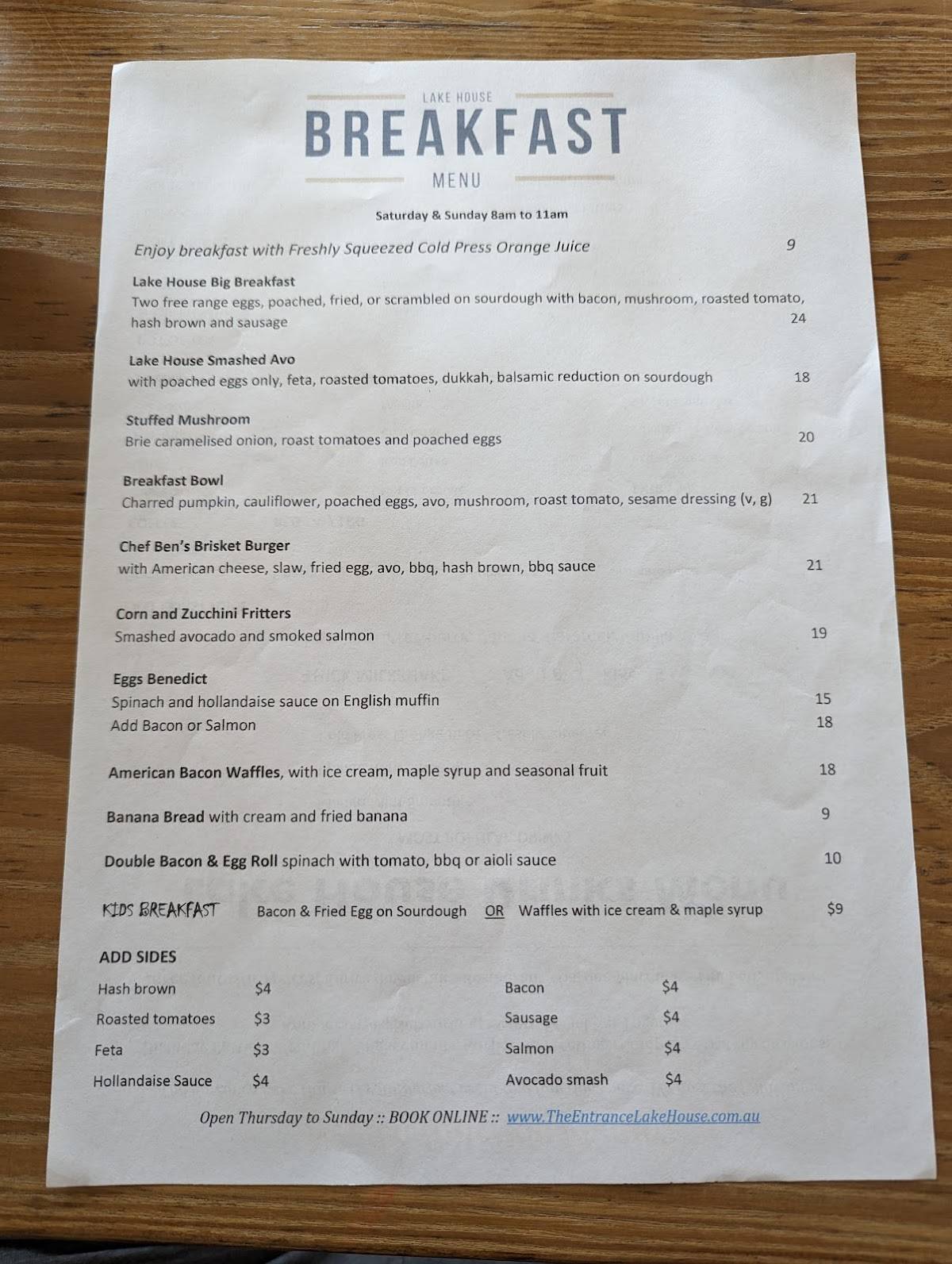 Menu at The Entrance Lake House cafe, The Entrance