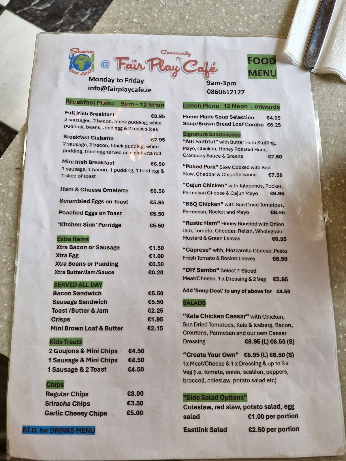 Menu at The Fair Play Cafe, Dublin