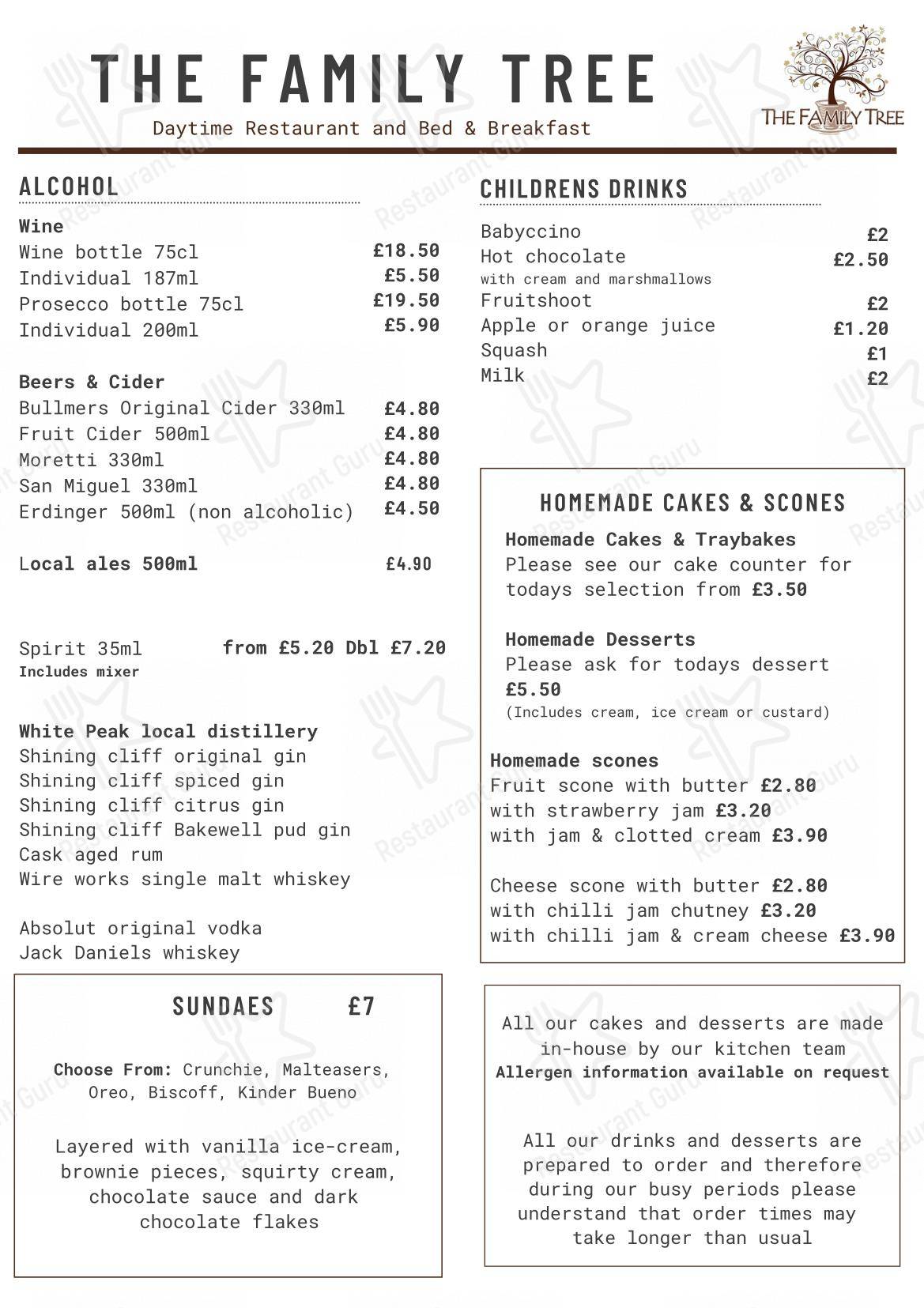Menu at The Family Tree restaurant, Crich