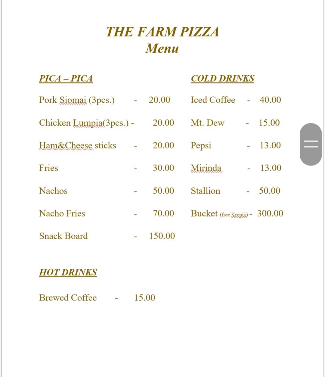 Menu at The Farm Pizza restaurant, Philippines