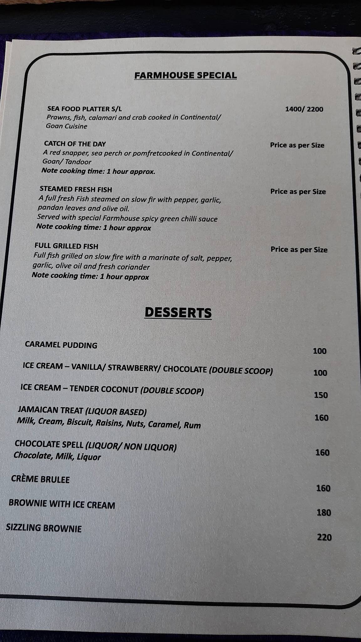 Menu at The Farmhouse Restaurant, Benaulim