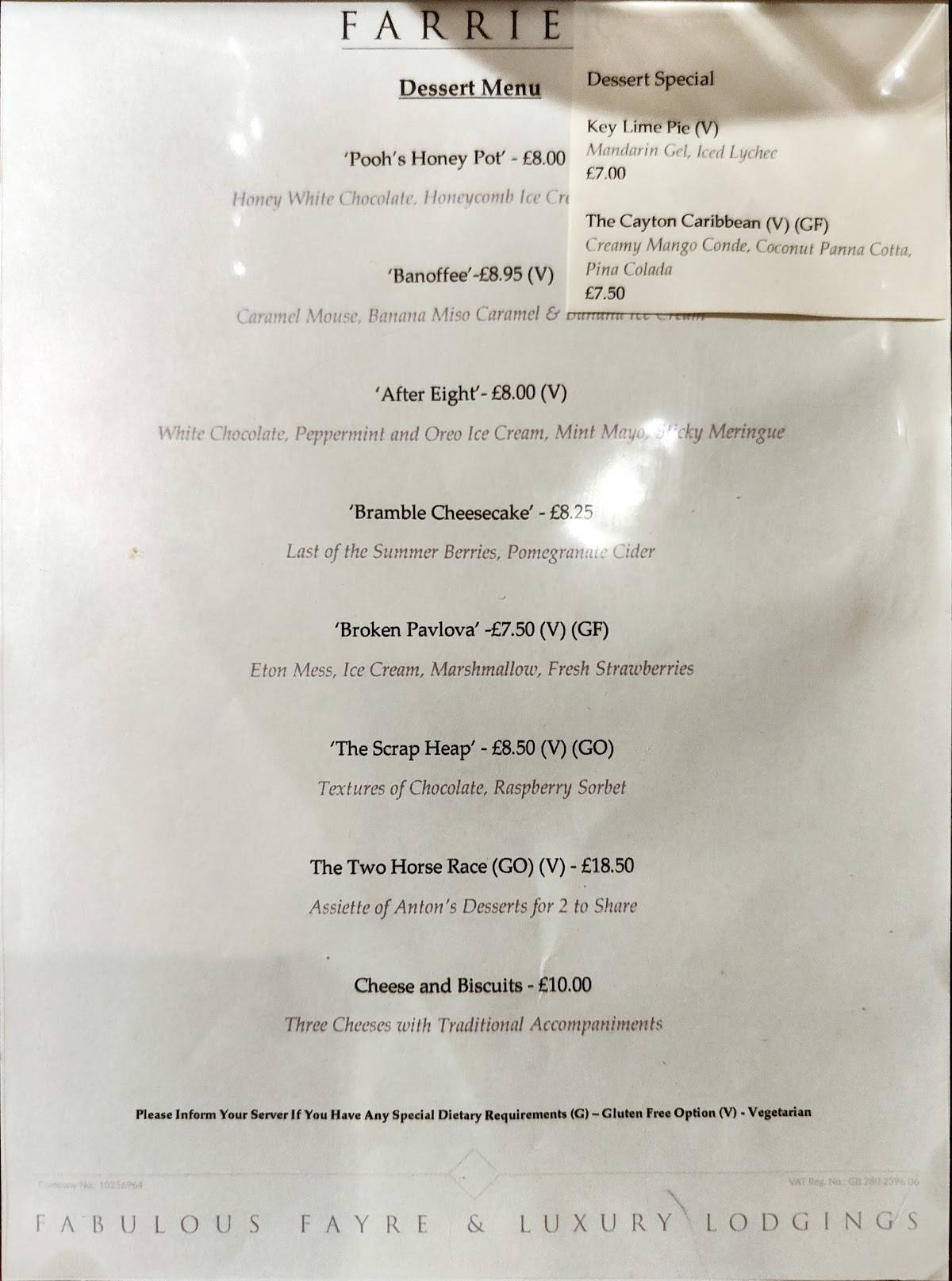 Menu at The Farrier restaurant, Scarborough