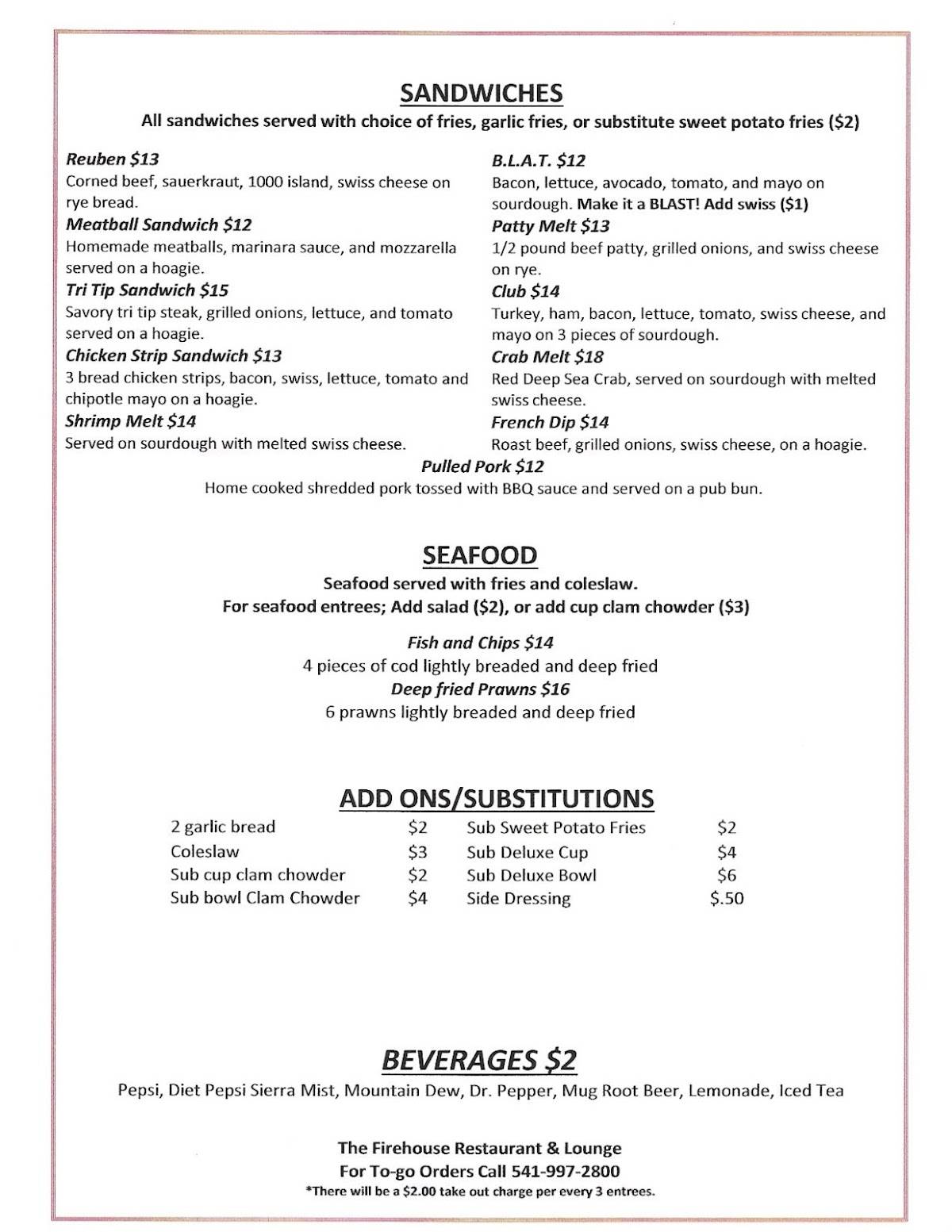 Menu at The Firehouse Restaurant & Lounge, Florence