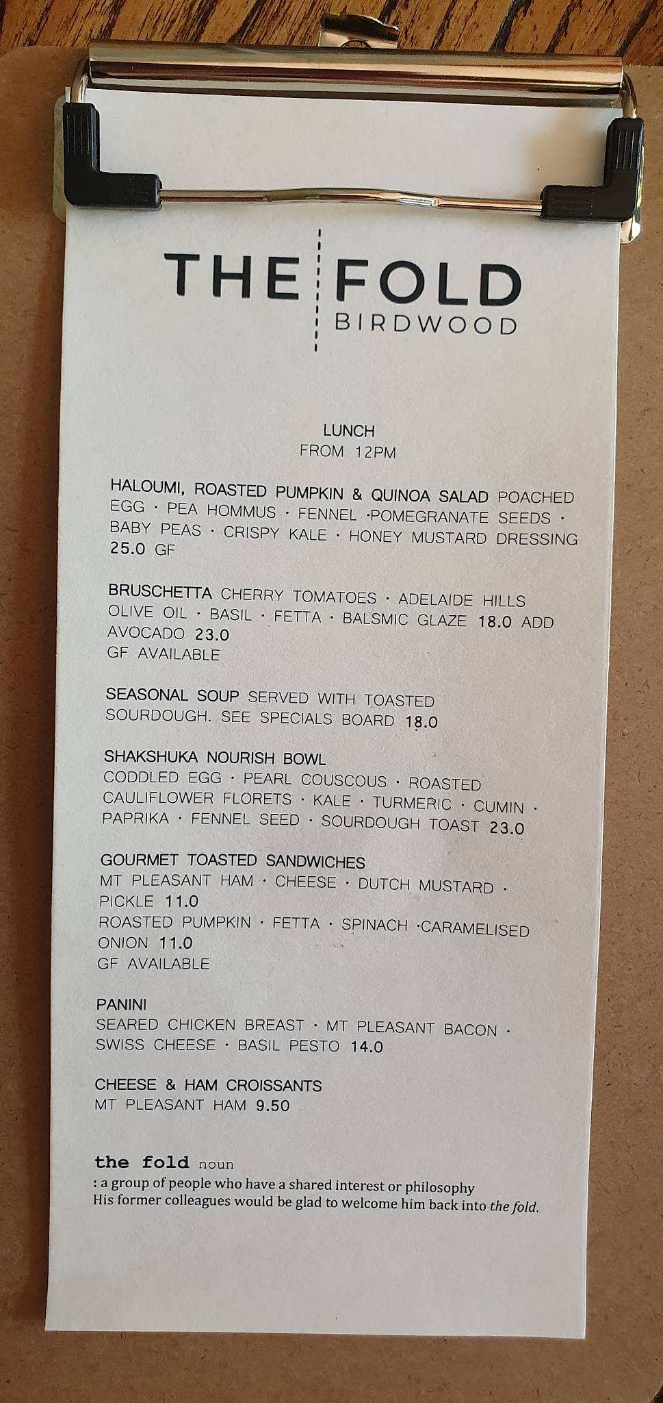 Menu at The Fold Birdwood cafe, Birdwood