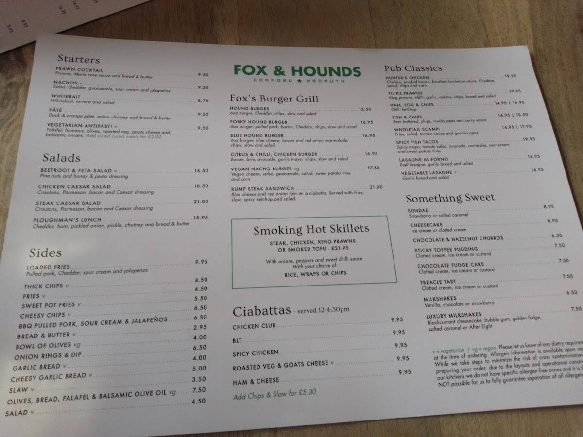 Menu at The Fox & Hounds Comford restaurant, Redruth