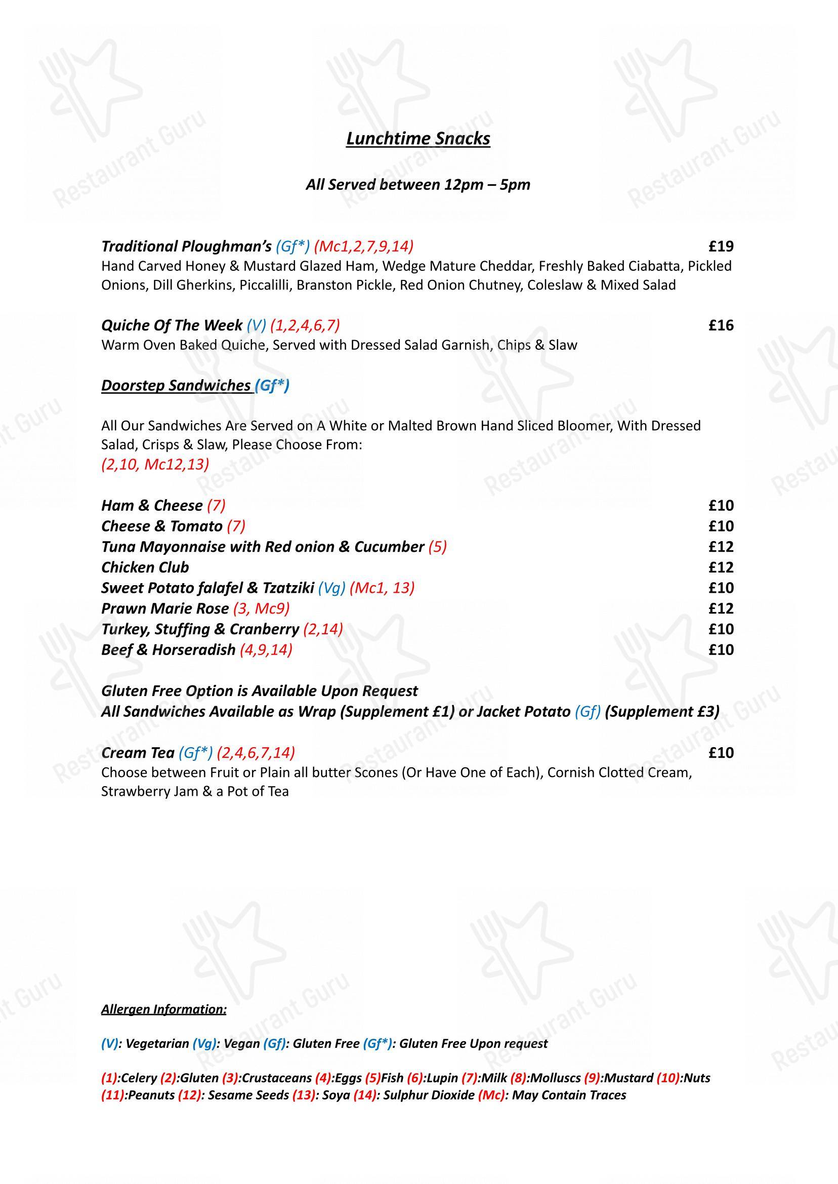 Menu at The Fox & Hounds Comford restaurant, Redruth