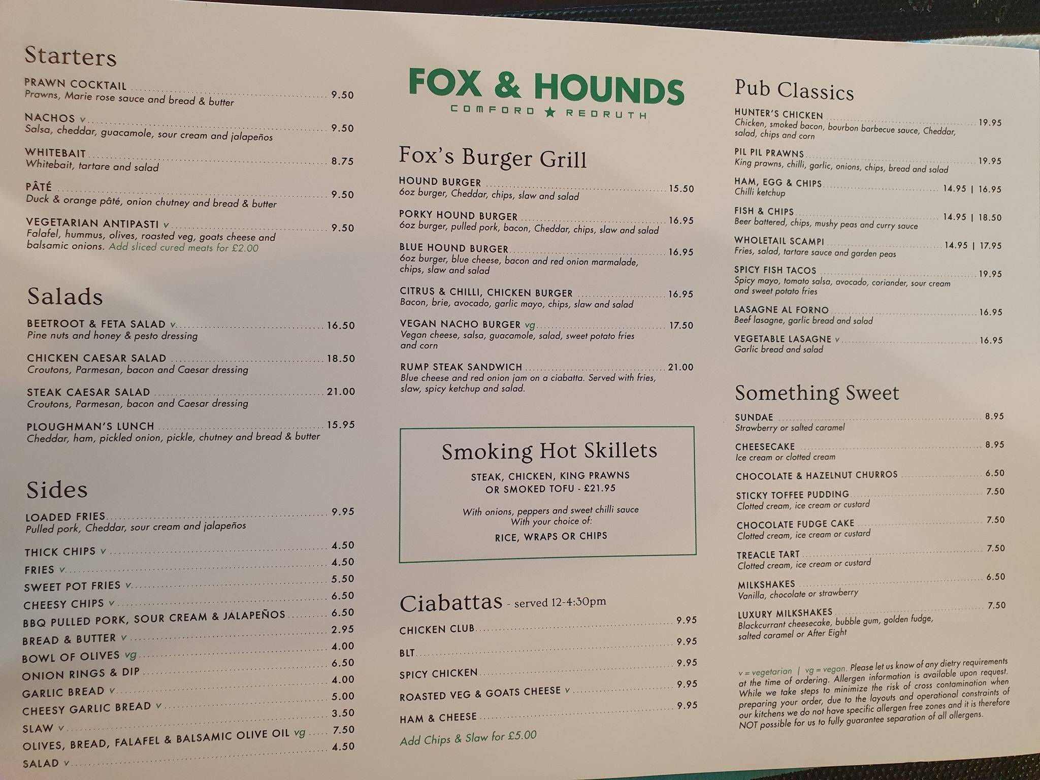 Menu at The Fox & Hounds Comford restaurant, Redruth