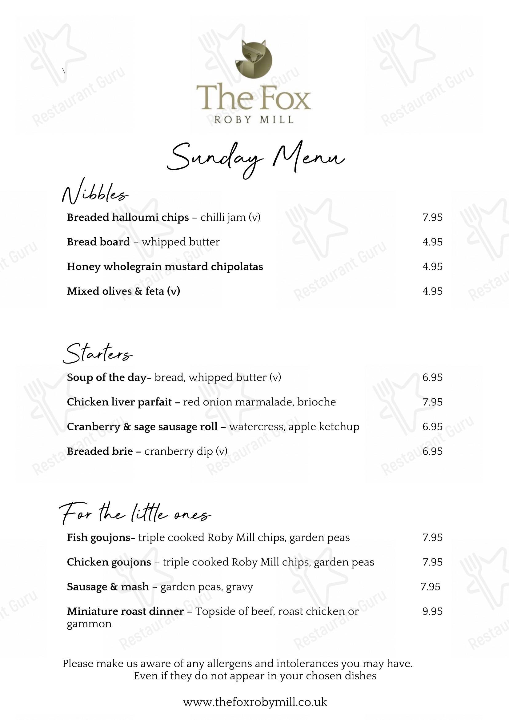Menu at The Fox at Roby Mill pub & bar, Skelmersdale