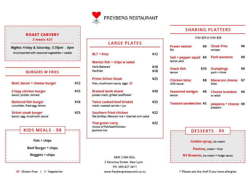 Menu at The Freyberg Restaurant - New Lynn RSA, Auckland