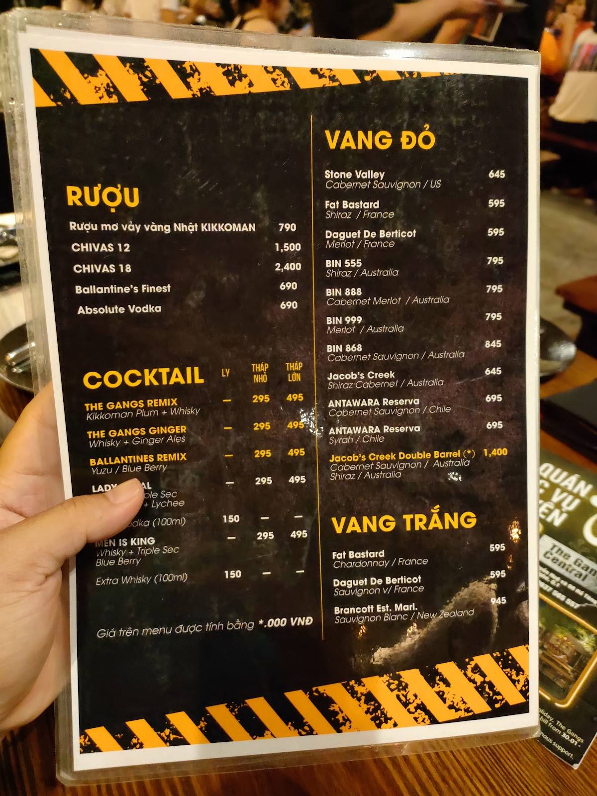 Carta del restaurante The Gangs Central, Ciudad Ho Chi Minh (Saigón)