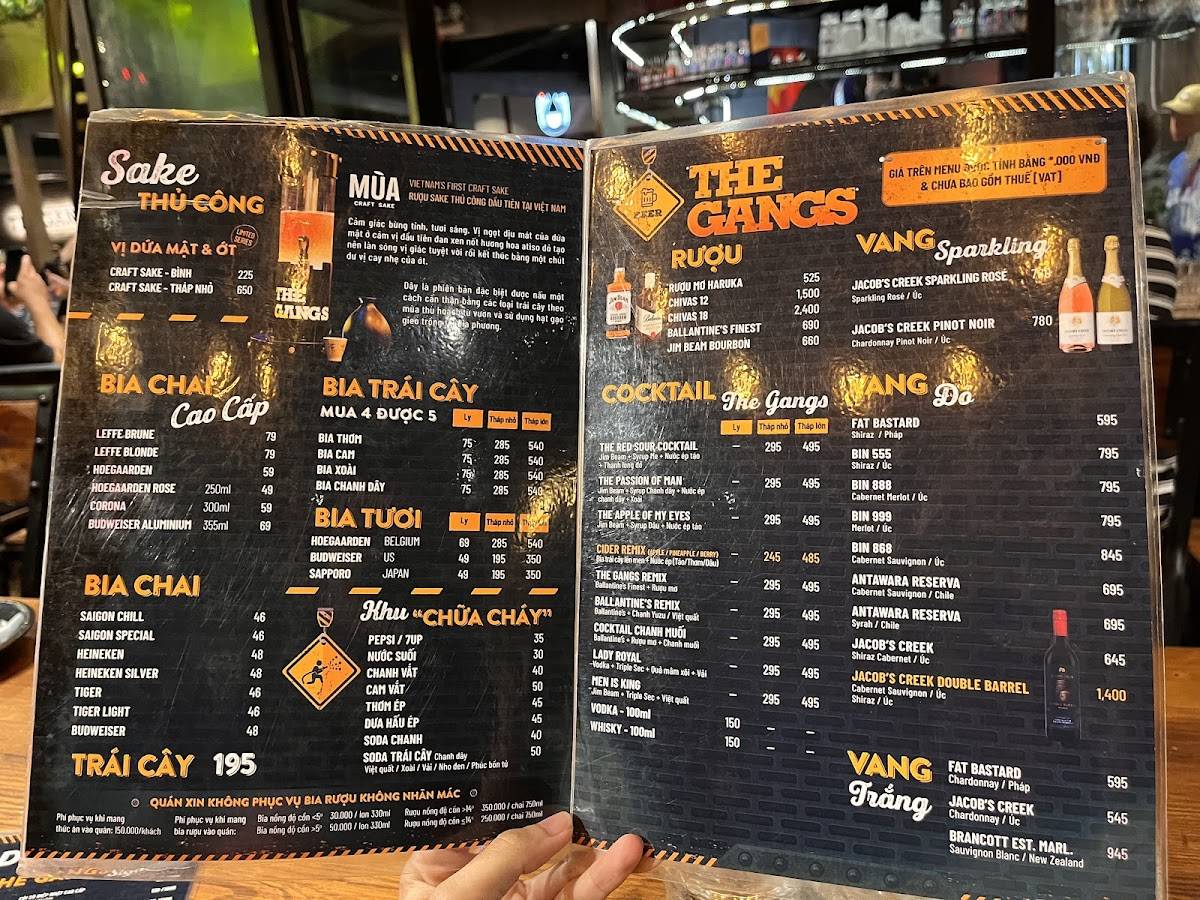 Menu at The Gangs Central restaurant, Ho Chi Minh City