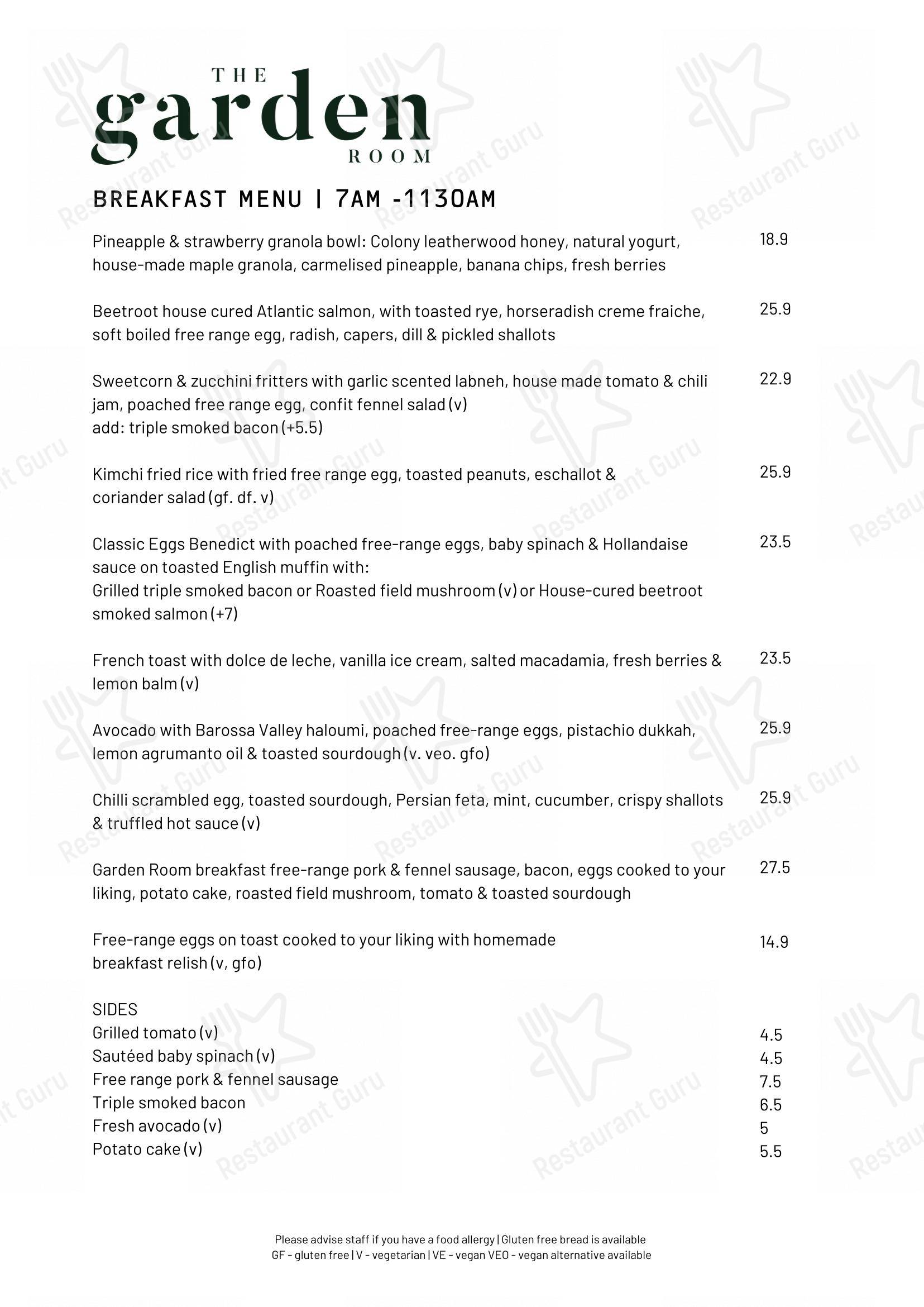 Menu at The Garden Room cafe, Brisbane City, 1 Parkland Blvd