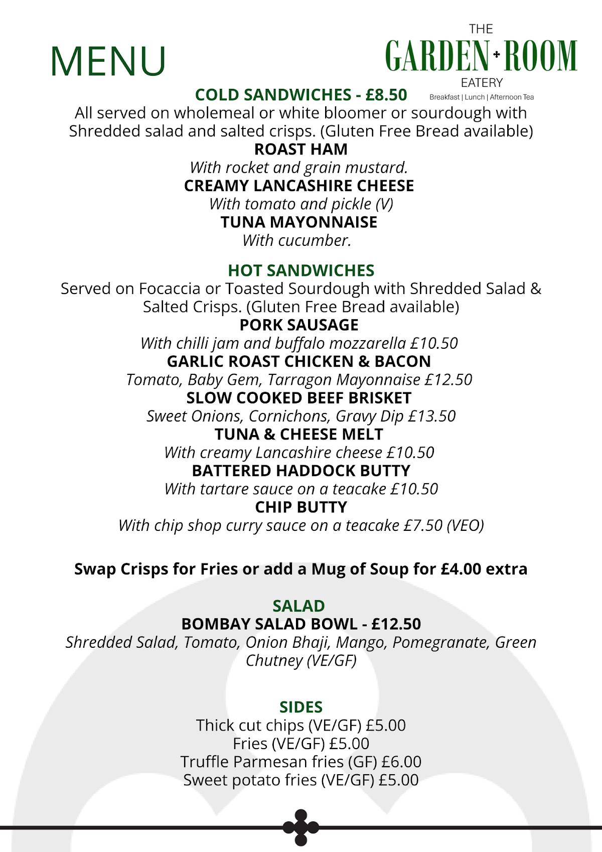 Menu at The Garden Room Eatery restaurant, Preston, The Garden Room