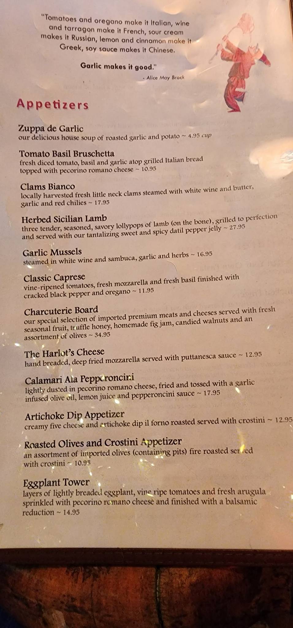 Menu at The Garlic restaurant, New Smyrna Beach, 556 E 3rd Ave