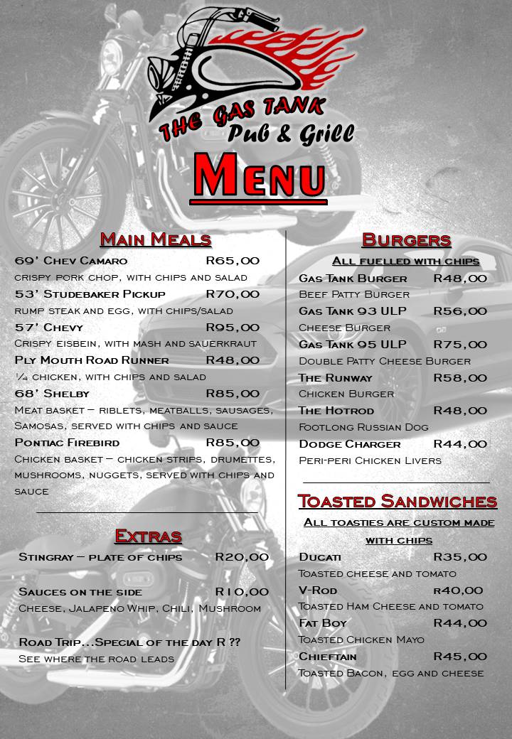 Menu at The Gas Tank Pub & Grill, Boksburg