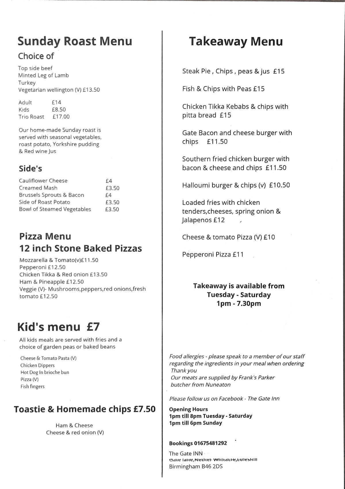 Menu at The Gate Inn pub & bar, Nether Whitacre, Gate Ln