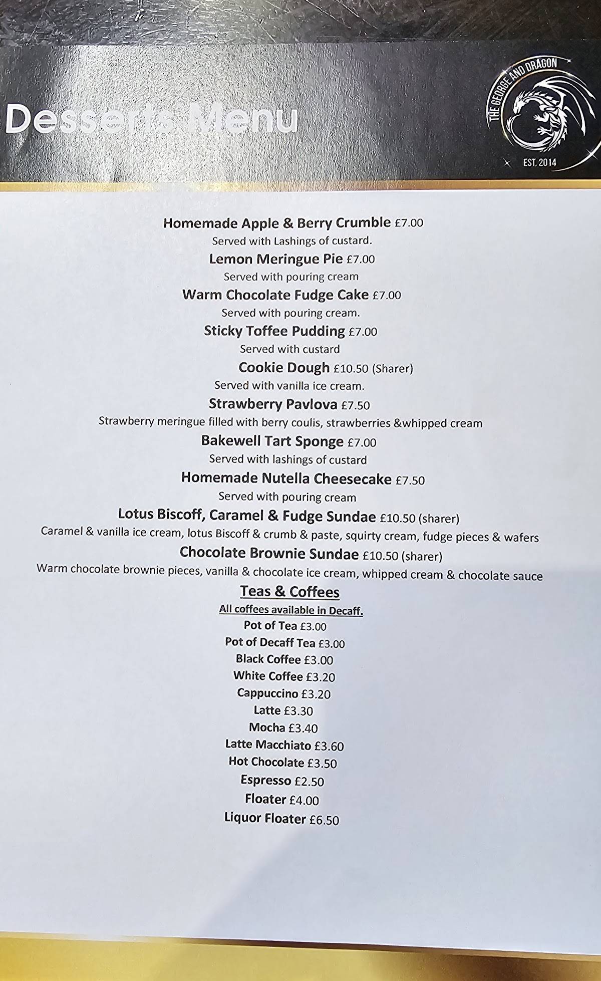 Menu at The George & Dragon restaurant, Coalville