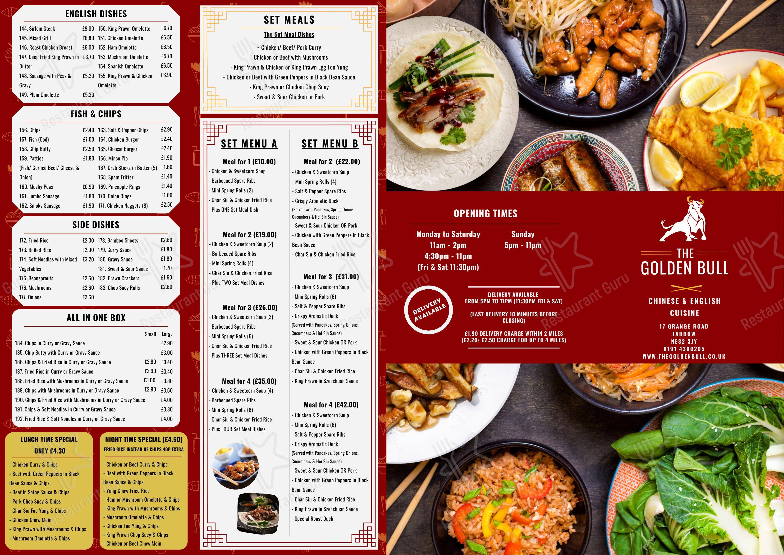 Menu at The Golden Bull restaurant, Jarrow