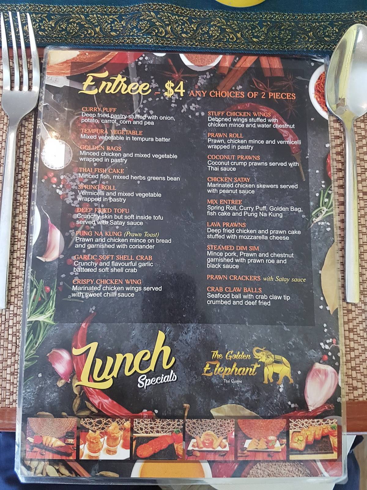 Menu at The Golden Elephant Thai Cuisine restaurant, Laurieton
