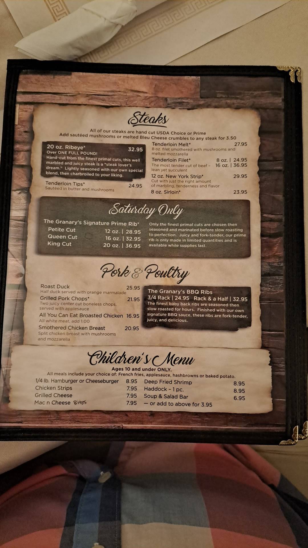 Menu at The Granary Supper Club, Sherwood