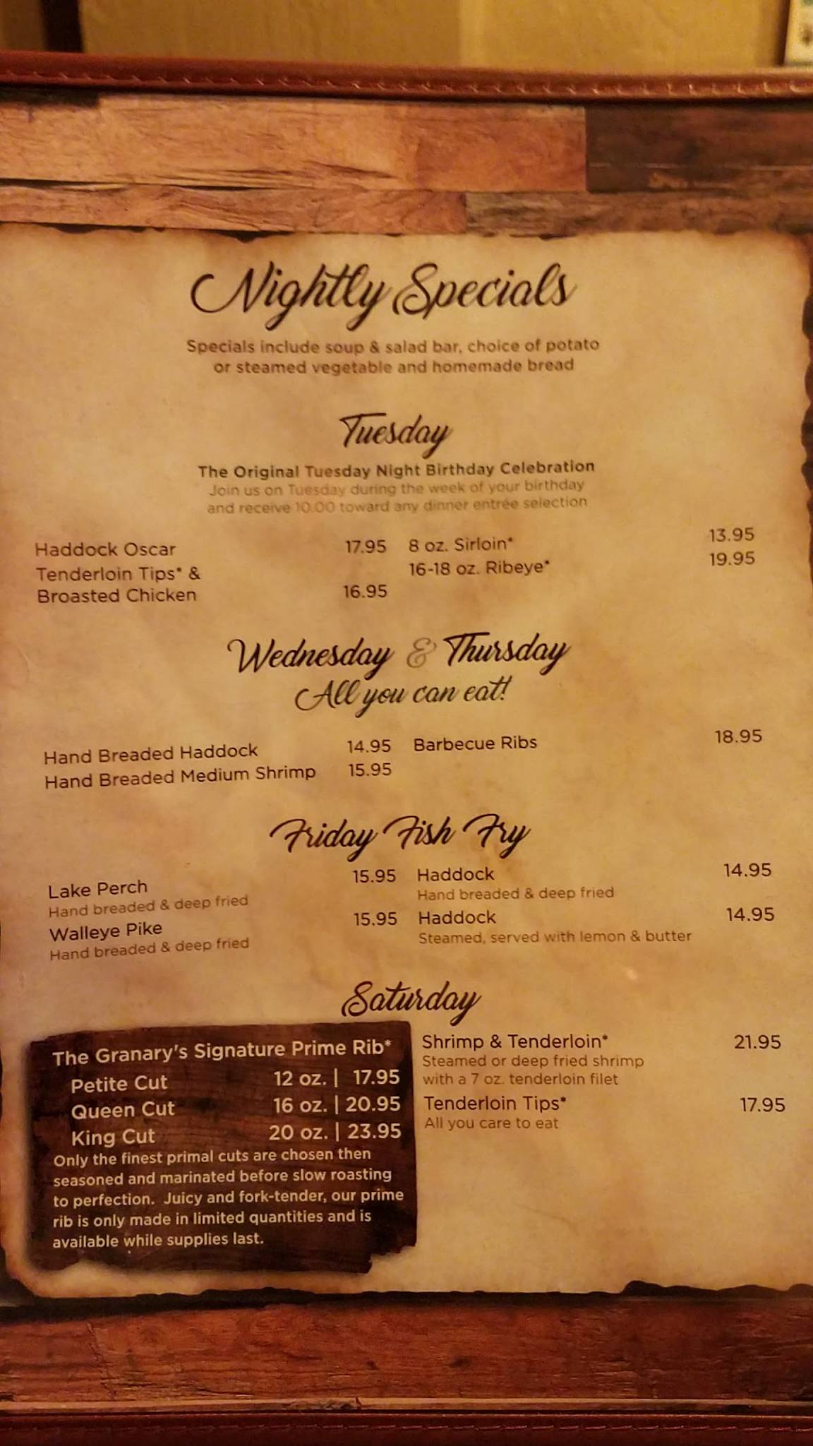 Menu at The Granary Supper Club, Sherwood